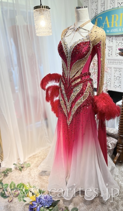 OT127・【SAVICH】チェリーレッドホワイトグラデーション｜社交ダンスドレス専門店「CARITES」